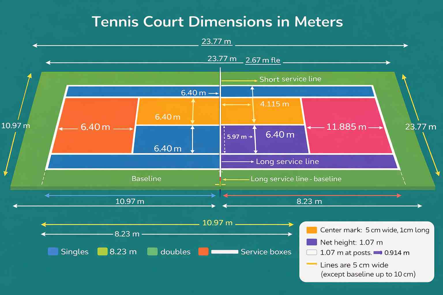 Tennis Court Dimensions In Meters | Official Size, Fence, Runoff & PDF